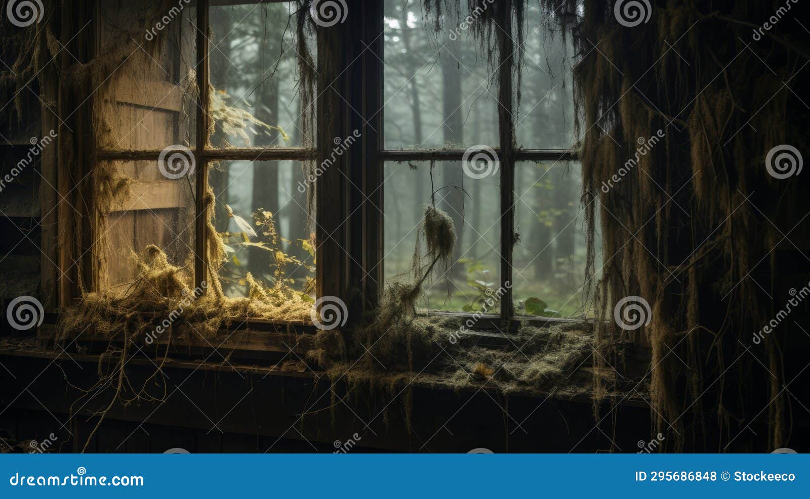 Ethereal Horror: Abandoned House Window with Moss in Forest Stock ...