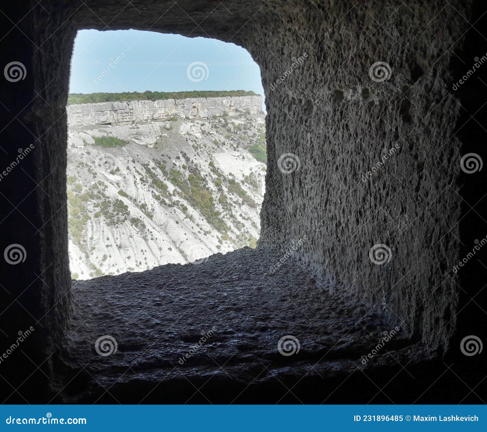 Window in the rock cave stock image. Image of wall, blue - 231896485