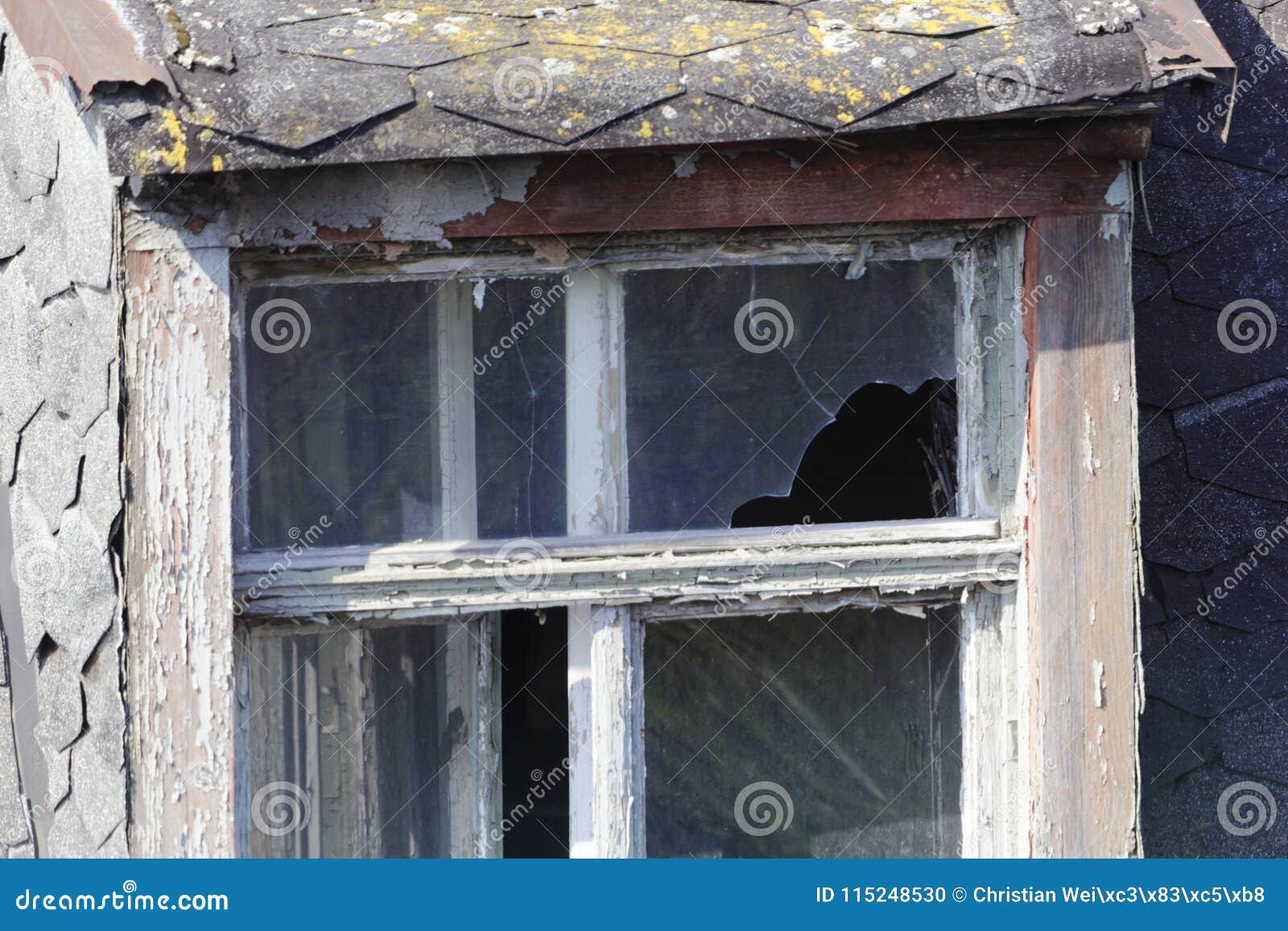 Window and Roof of an Destroyed House. Stock Photo - Image of building ...
