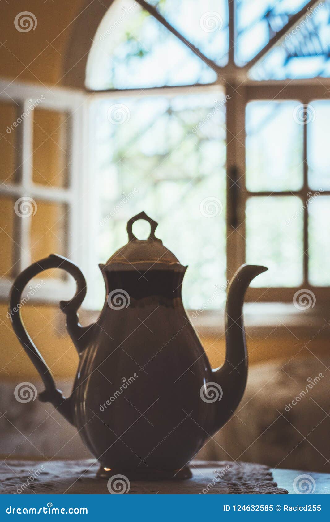 Window Rustic Dining Table with Tea Pot Stock Image - Image of british ...