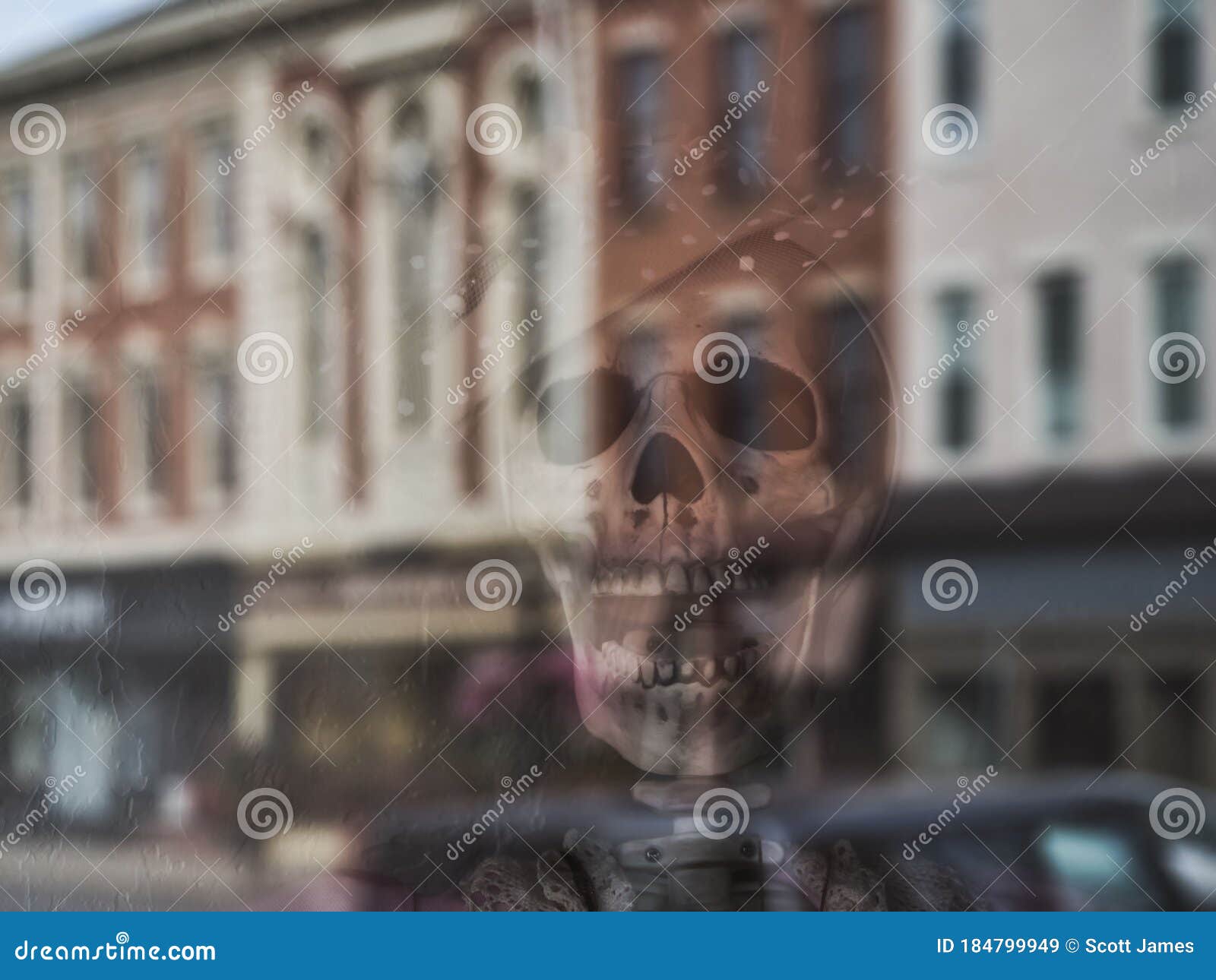 Window with Skeleton and Buildings Reflection Stock Image - Image of ...