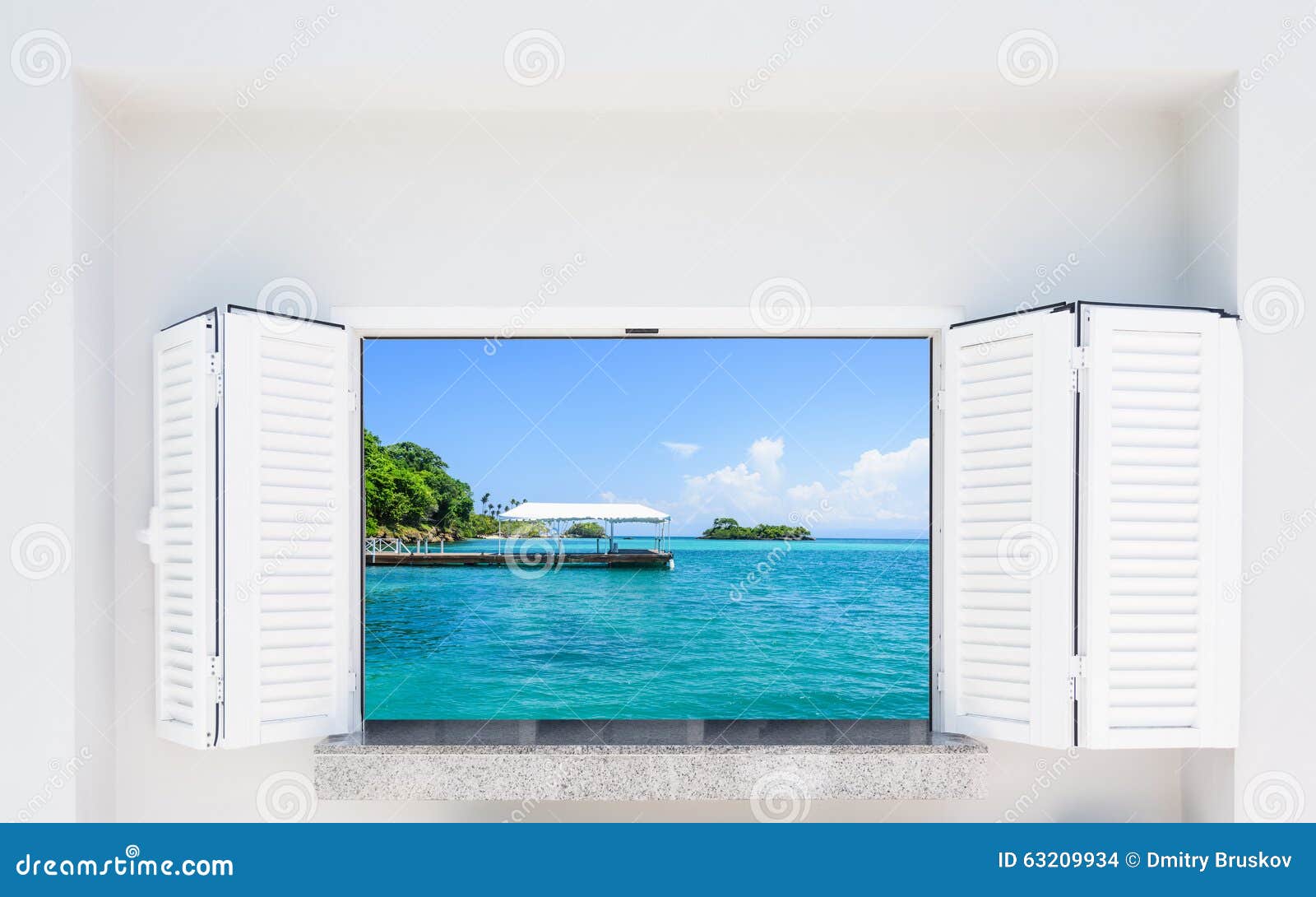 Window with Shutters Overlooking the Sea Stock Photo - Image of ...