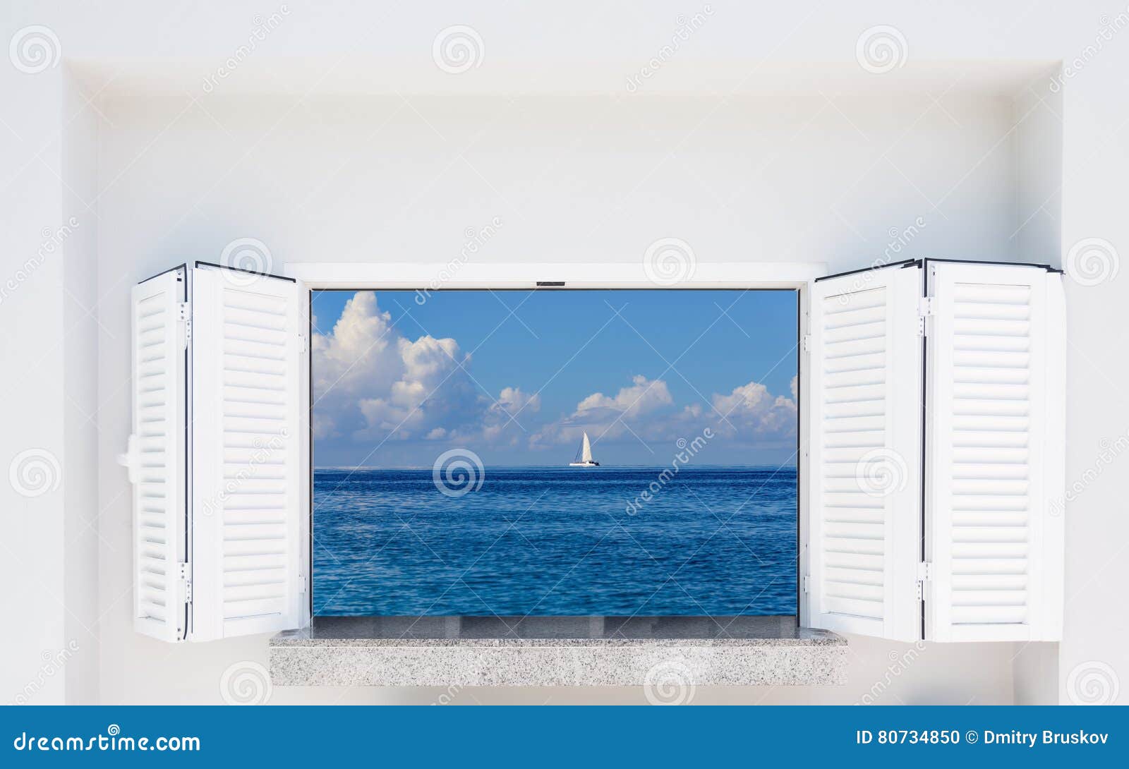 Window with Shutters Overlooking the Sea Stock Photo - Image of house ...