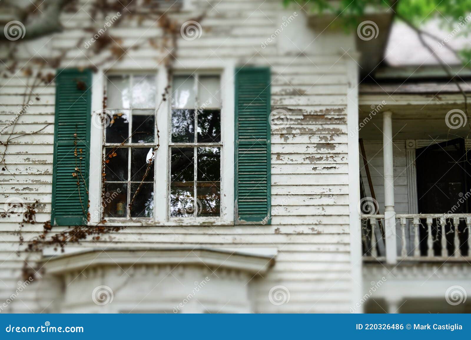 Window and Shutters in Run Down Older Home with Peeling Paint. Stock ...