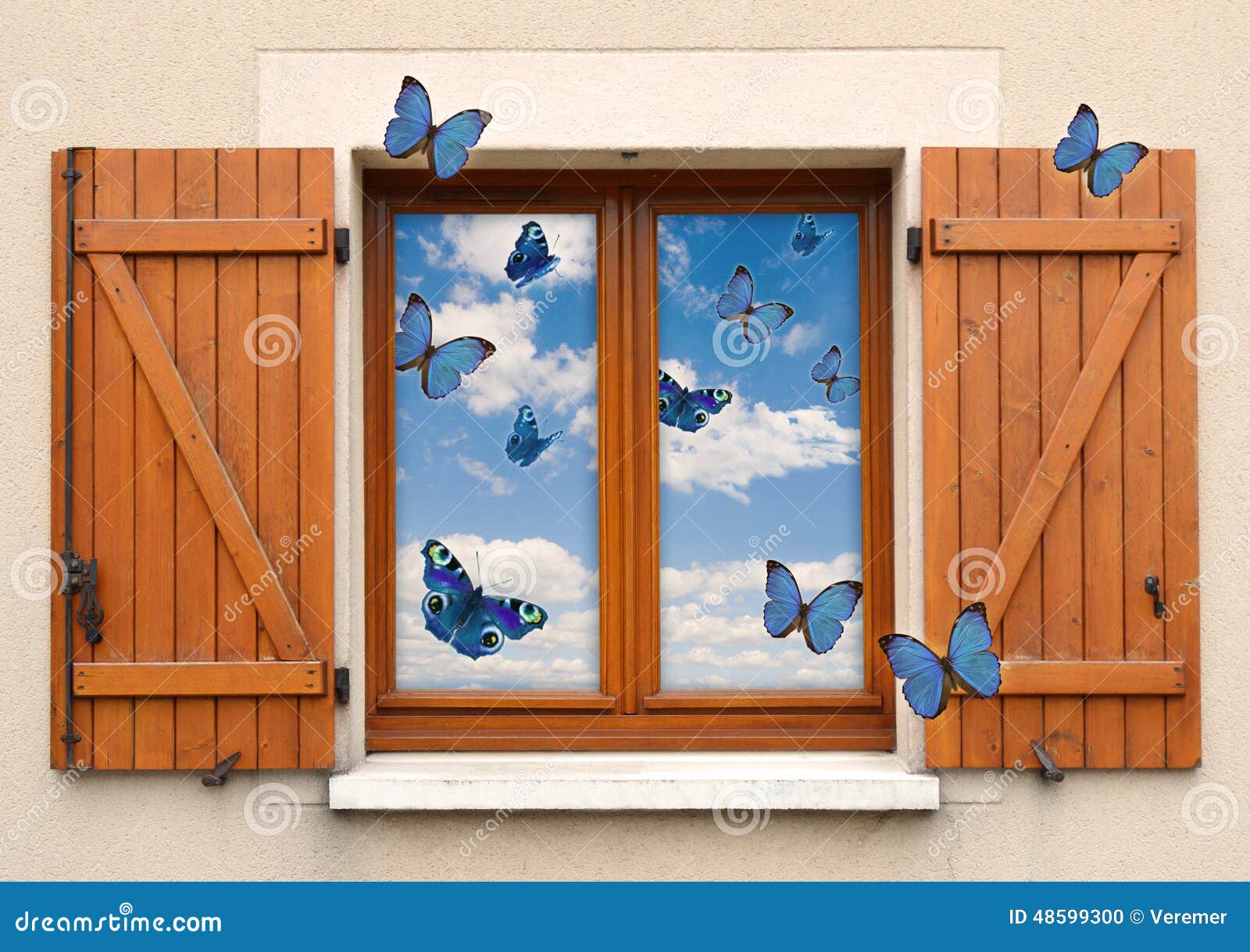 Window And Shutters And Sky With Butterflies Behind Stock Photo - Image ...