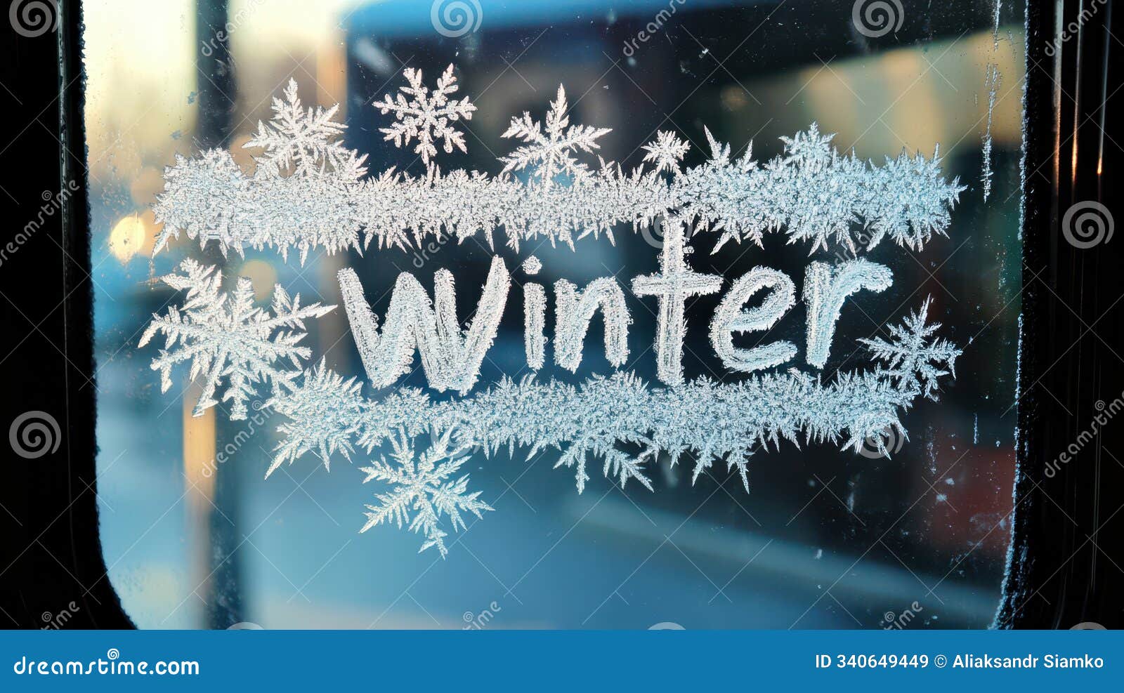 Window with Snowflakes and the Word Winter Written in Frost Stock ...