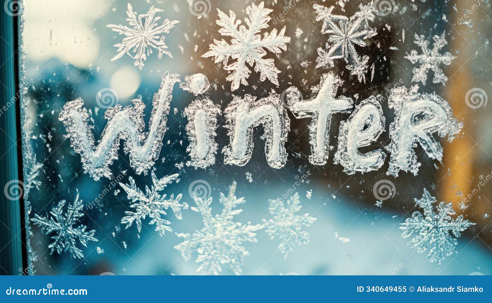 Window with Snowflakes and the Word Winter Written in Frost Stock ...