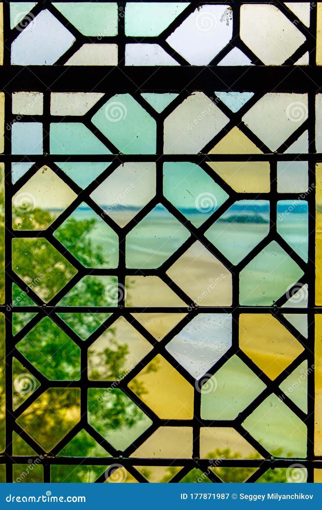 Window with Stained Glass, Behind Which the Field Stock Image - Image ...