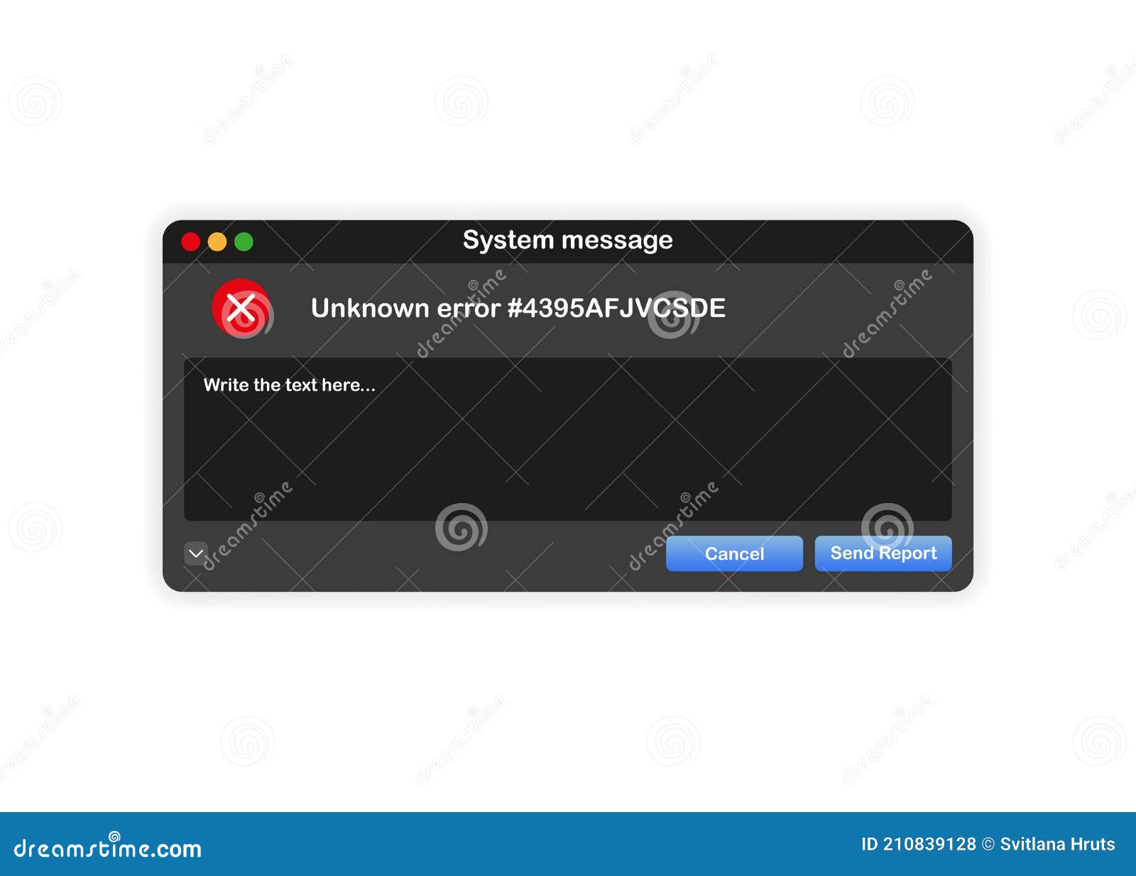 Window of User Interface. System Message with Report Template Unknown Error on White Background ...