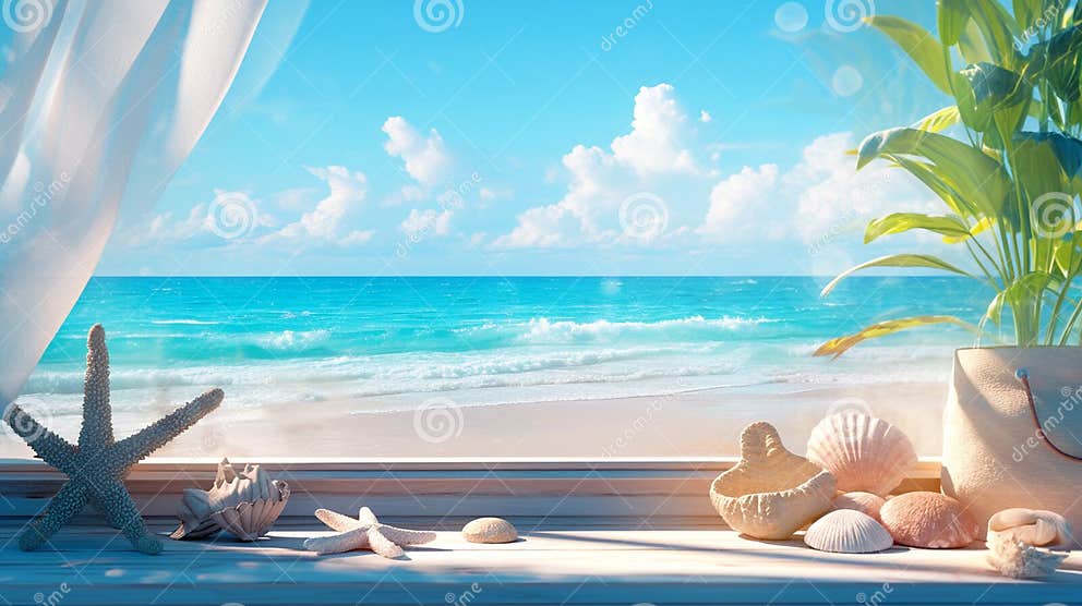 Beach View from Window with Seashells Stock Illustration - Illustration ...