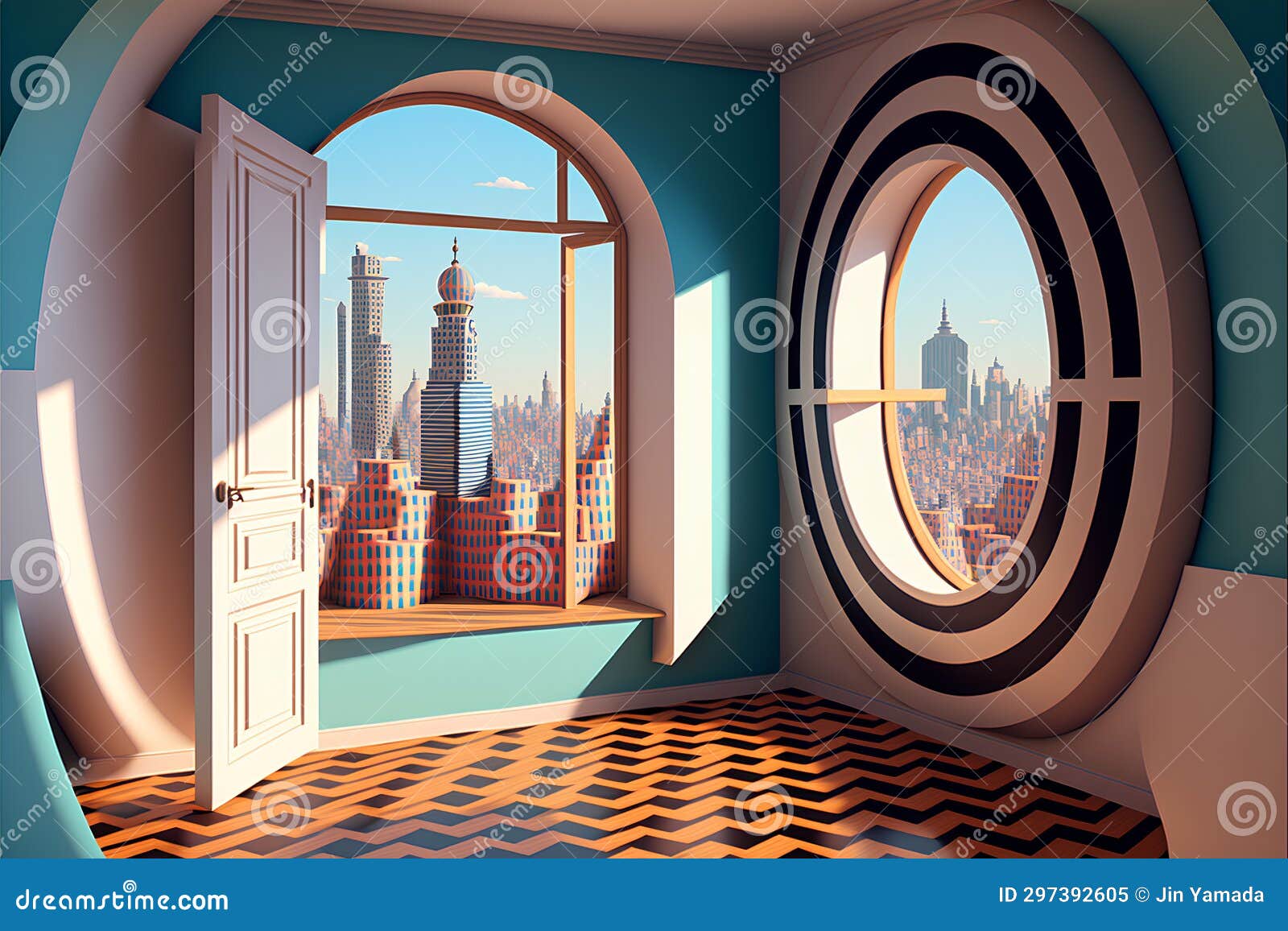 Window with View of the Big City. 3D Render. Illustration Stock ...