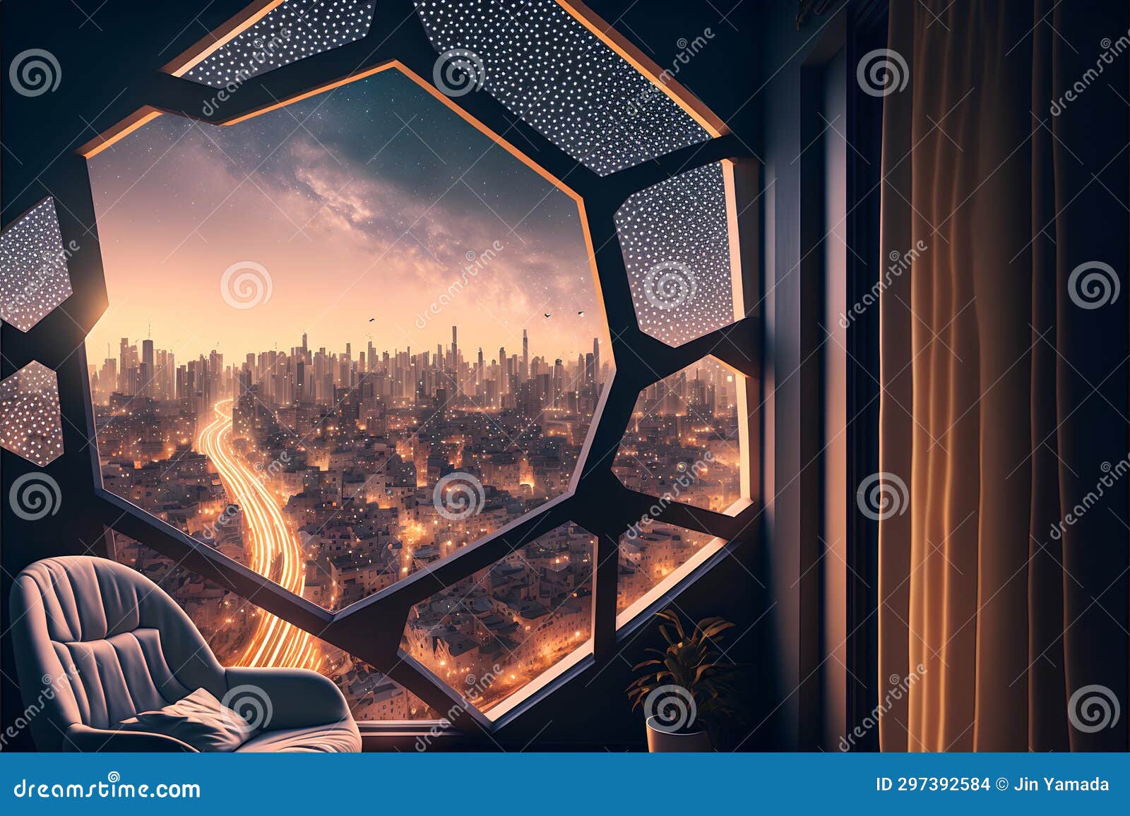 Window with a View of the City at Night. 3d Rendering Stock ...