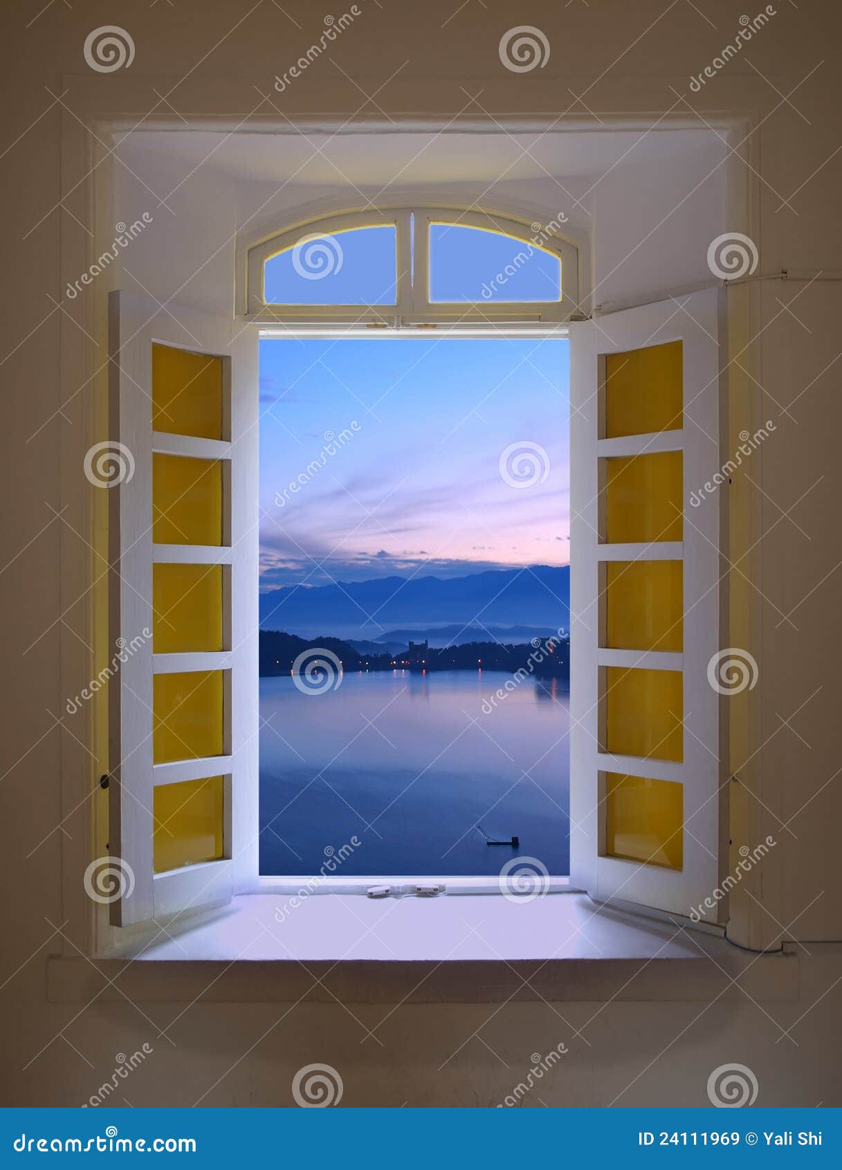 Window View of Dawn at the Sun Moon Stock Image - Image of peaceful ...
