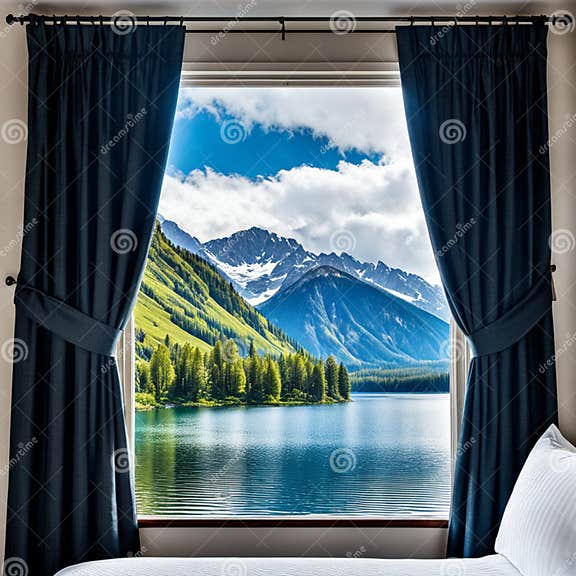 A Window View of Lake and Mountains with Curtains Stock Image - Image ...