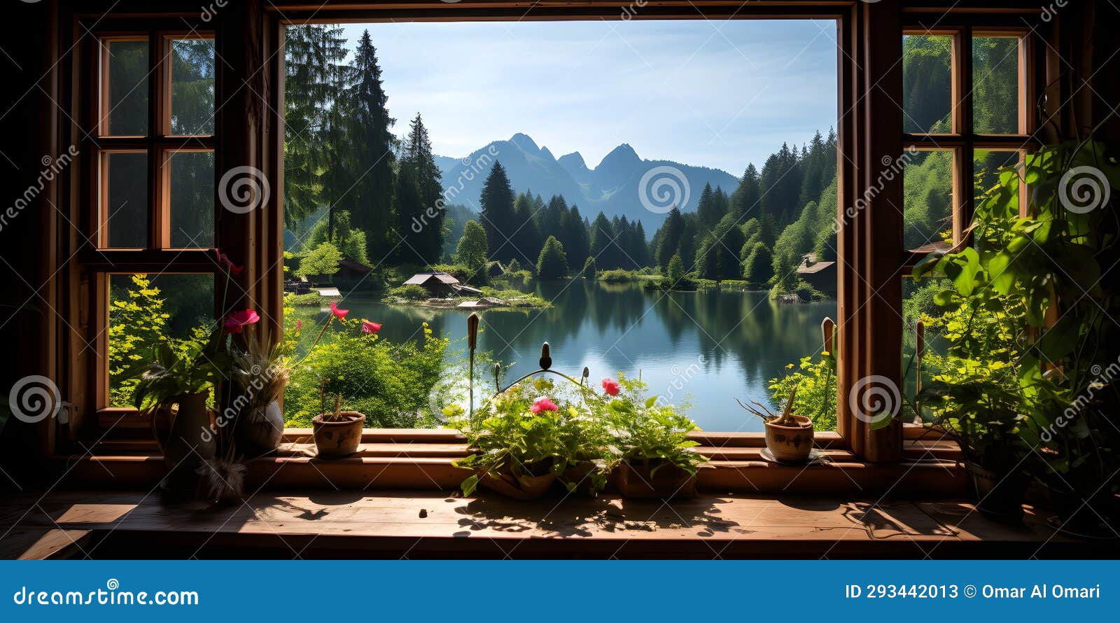 A Window with a View of a Lake and Mountains.Window View from Wooden ...
