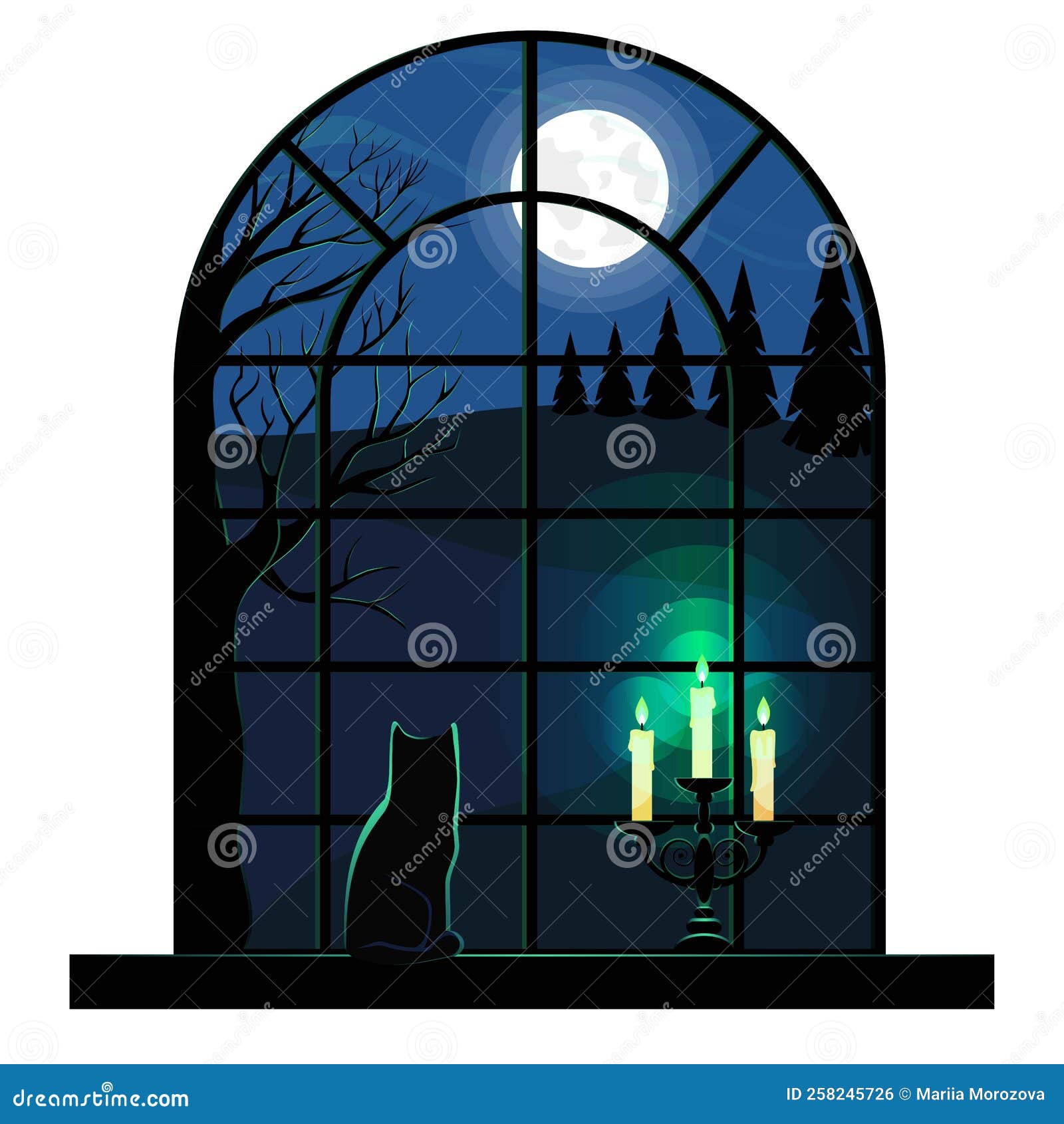 Window View of the Landscape with Black Cat Silhouette on the ...