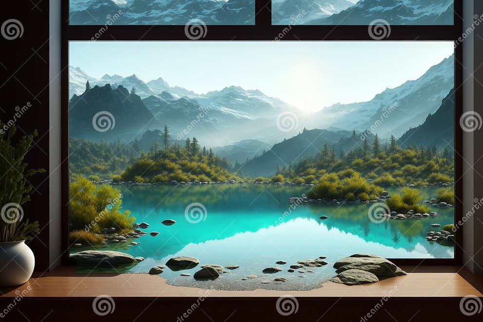 Window with View Mountain Lake Stock Illustration - Illustration of ...