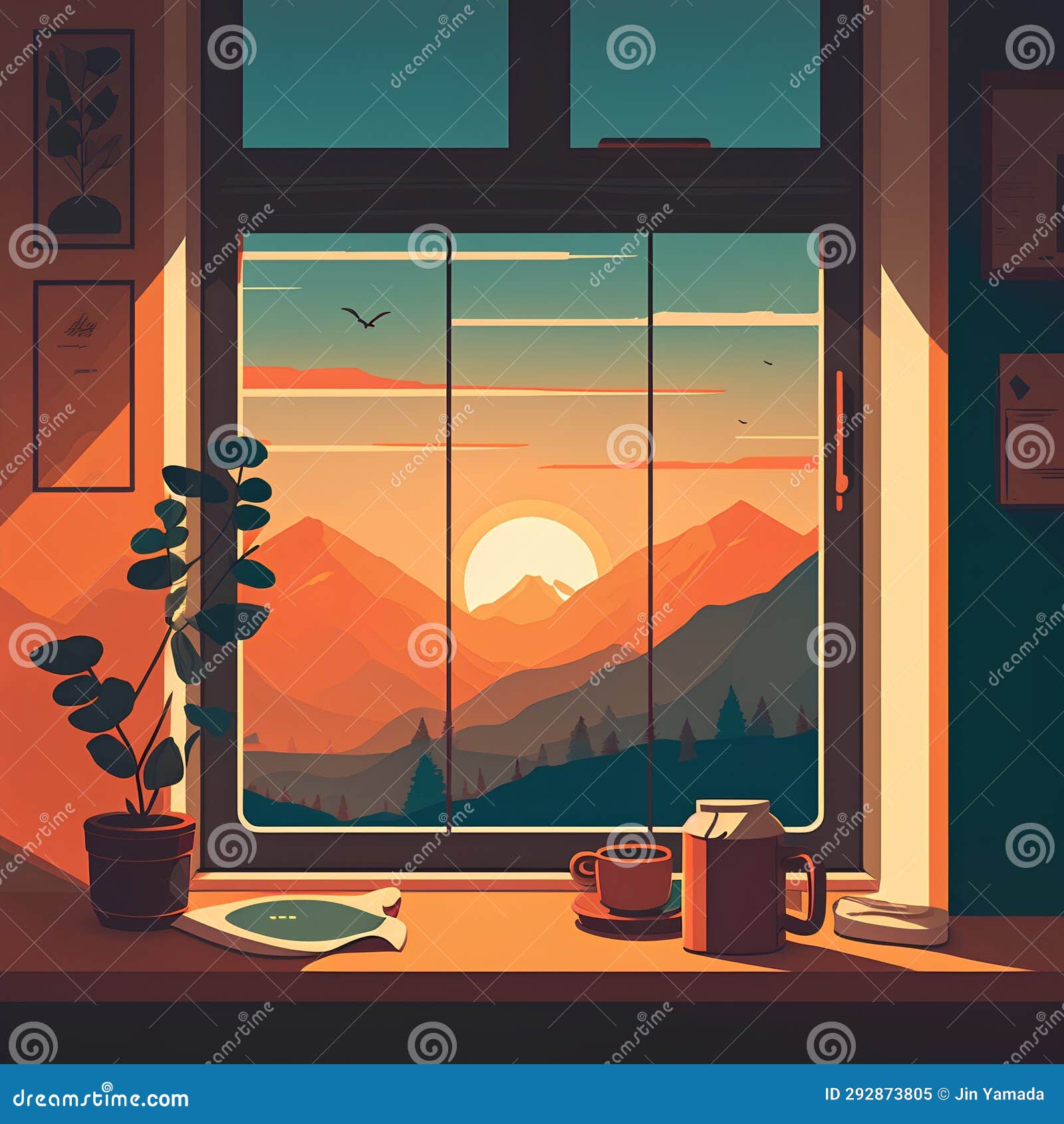 Window with a View of the Mountains and the Sun. Vector Illustration ...