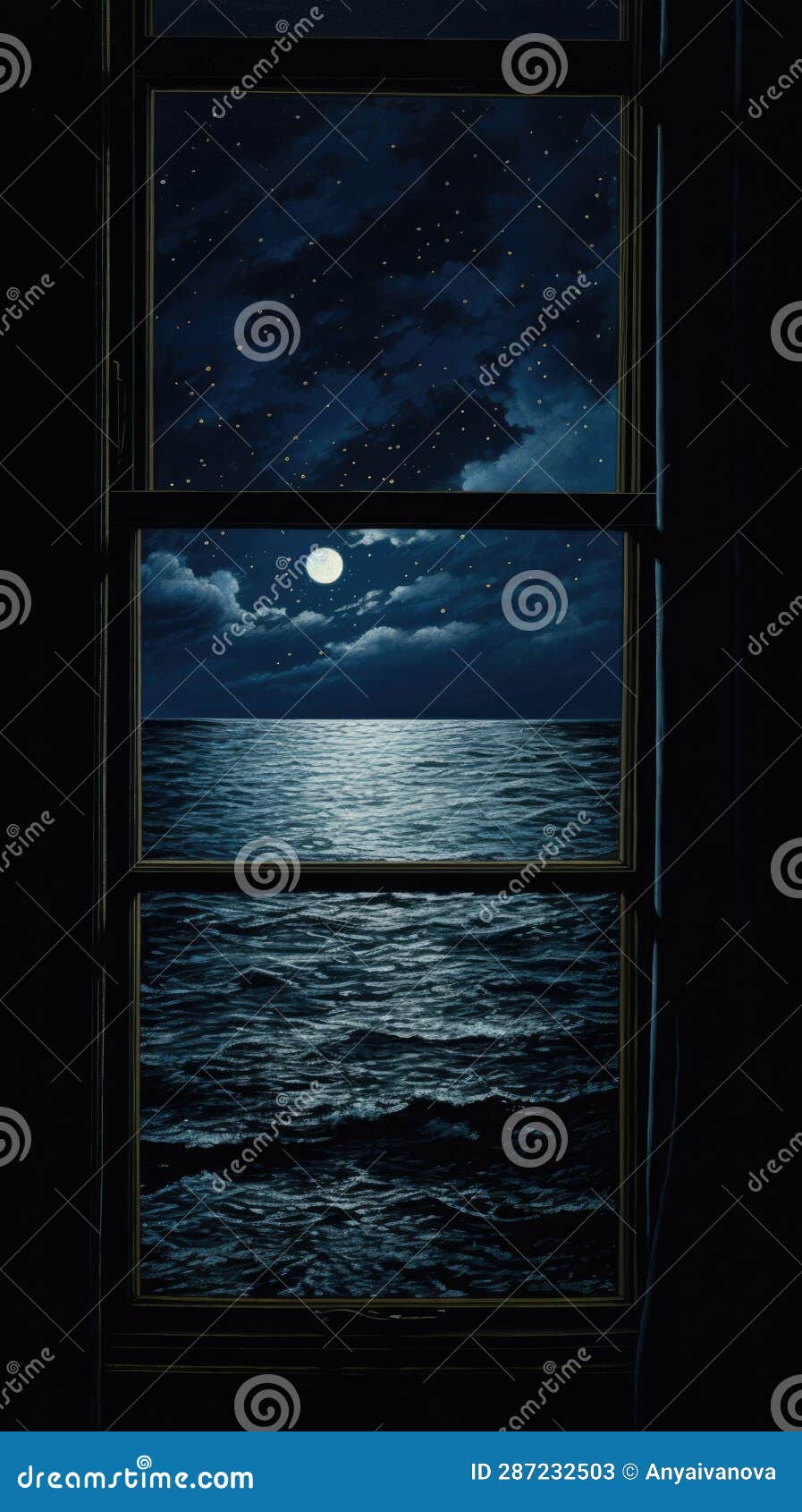 A Window with a View of the Ocean at Night. Stock Illustration ...