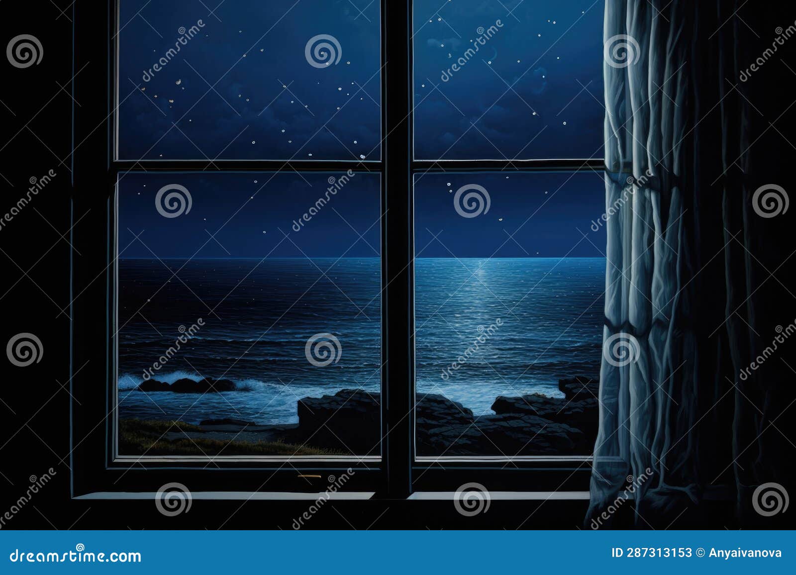 A Window with a View of the Ocean at Night. Stock Image - Image of ...