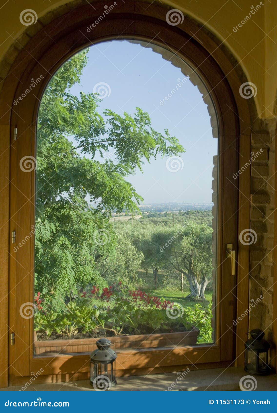 Window View with Olive Trees Stock Image - Image of house, brick: 11531173