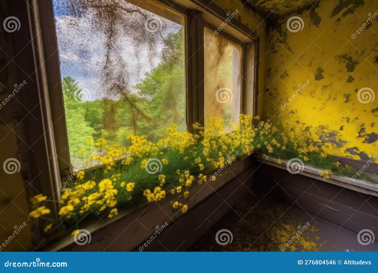 Window, with View of the Outside World, Covered in Pollen and ...