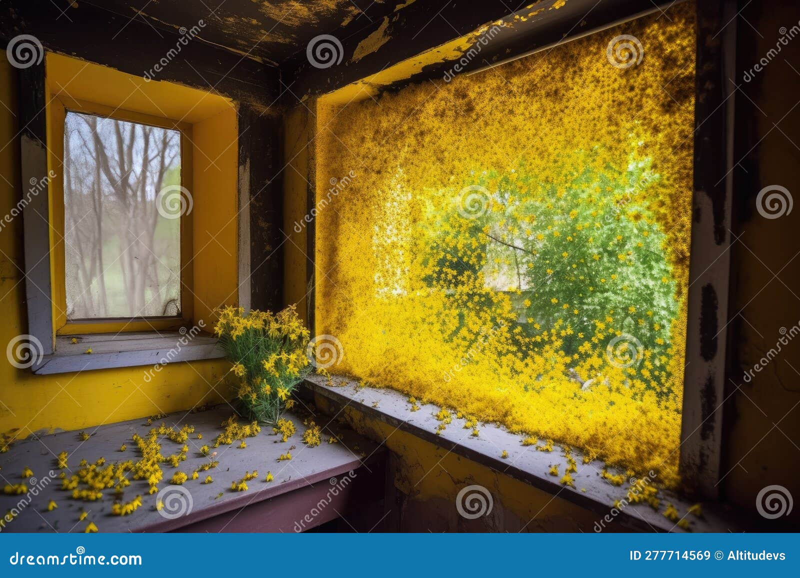 Window, with View of the Outside World, Covered in Pollen and ...