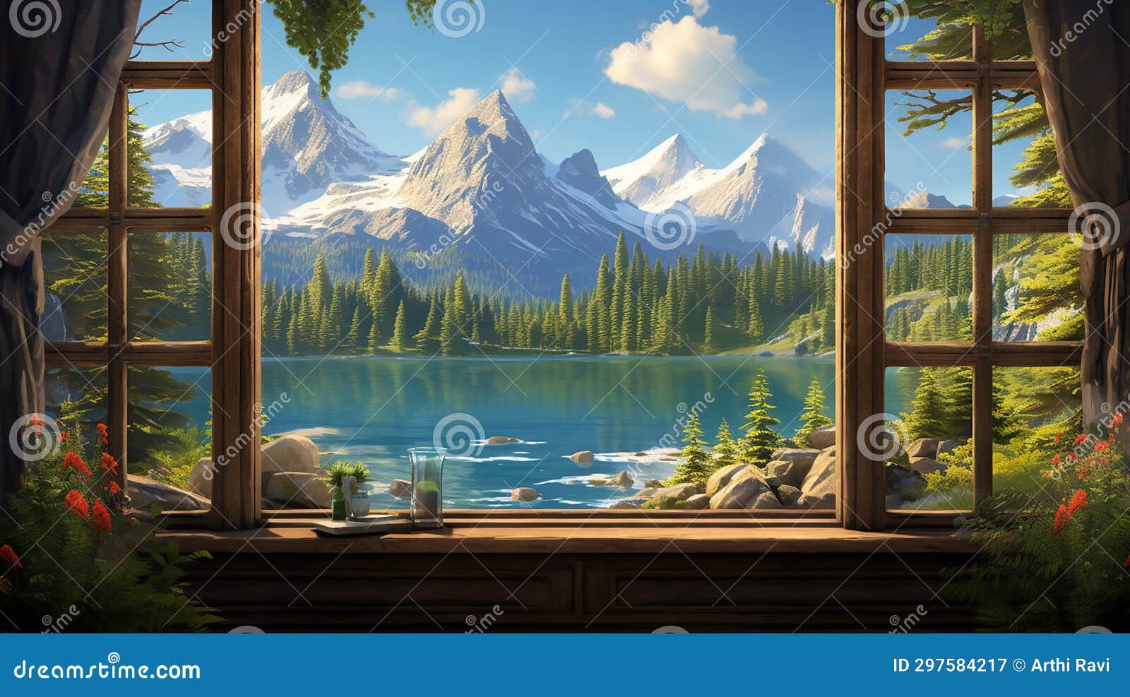 A Window View Overlooking a Secluded Mountain Lake, with Crystal-clear ...