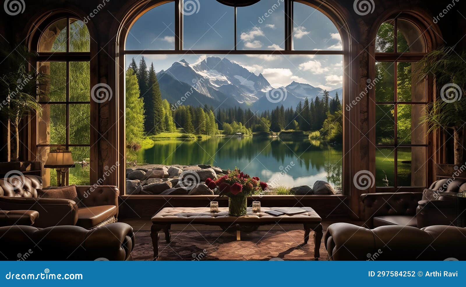 A Window View Overlooking a Secluded Mountain Lake, with Crystal-clear ...