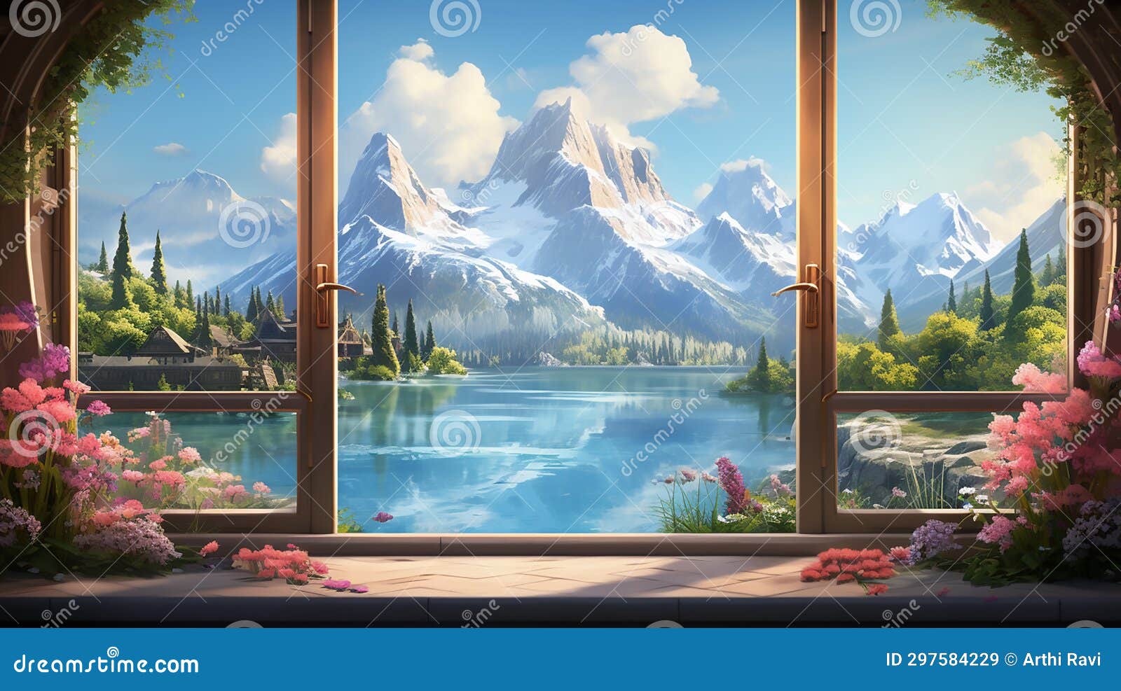 A Window View Overlooking a Secluded Mountain Lake, with Crystal-clear ...