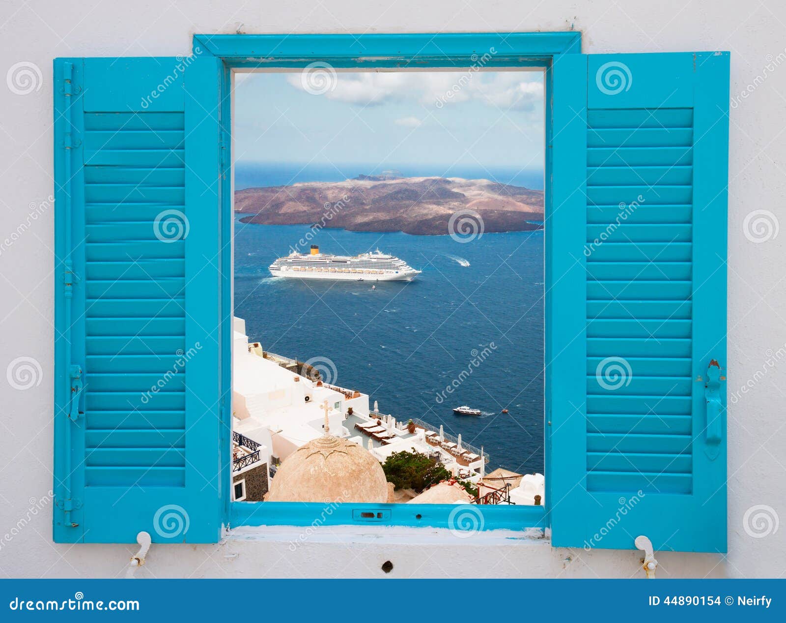 Window with View of Santorini Volcano Stock Photo - Image of summer ...