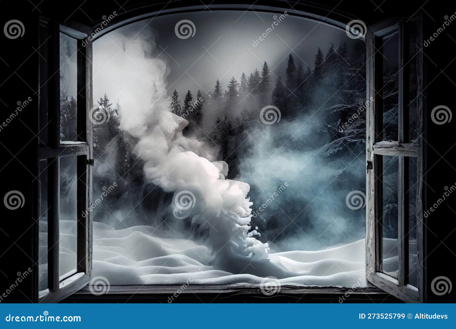 Window with a View of Snow-covered Forest, Smoke Curls from the Chimney ...