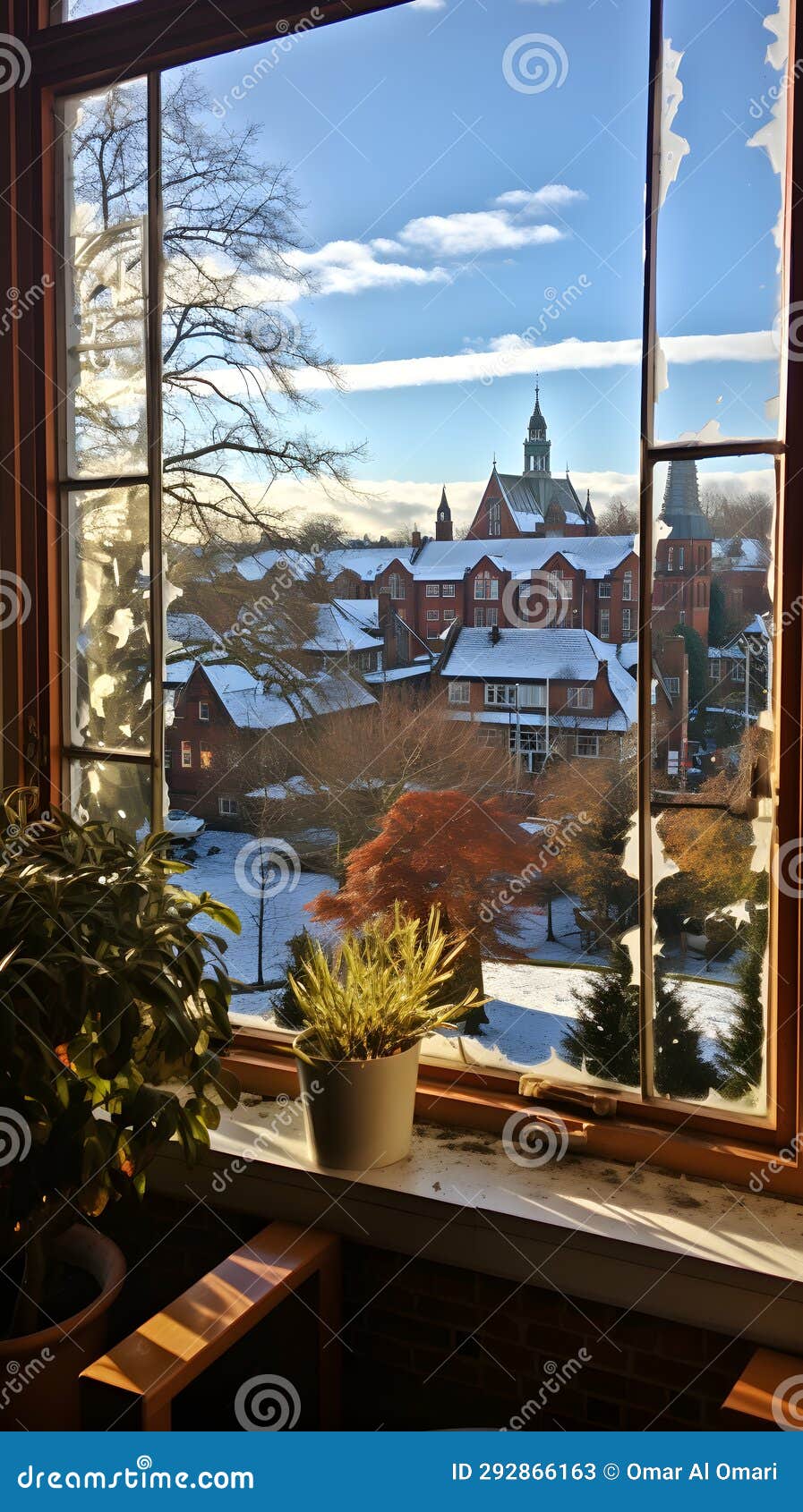 A Window with a View of a Snowy Town Window View from University Window ...
