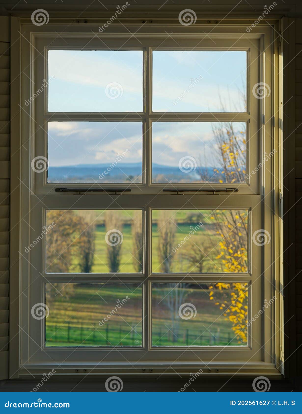 A Window View of Sunny Green Fields Stock Image - Image of hills, pane ...