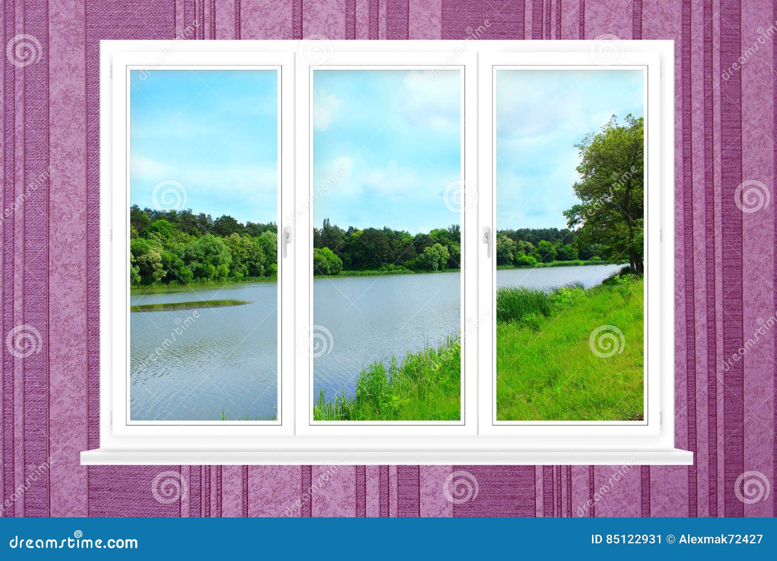 Window with View To Summer Landscape with Forest and Lake Stock Image ...