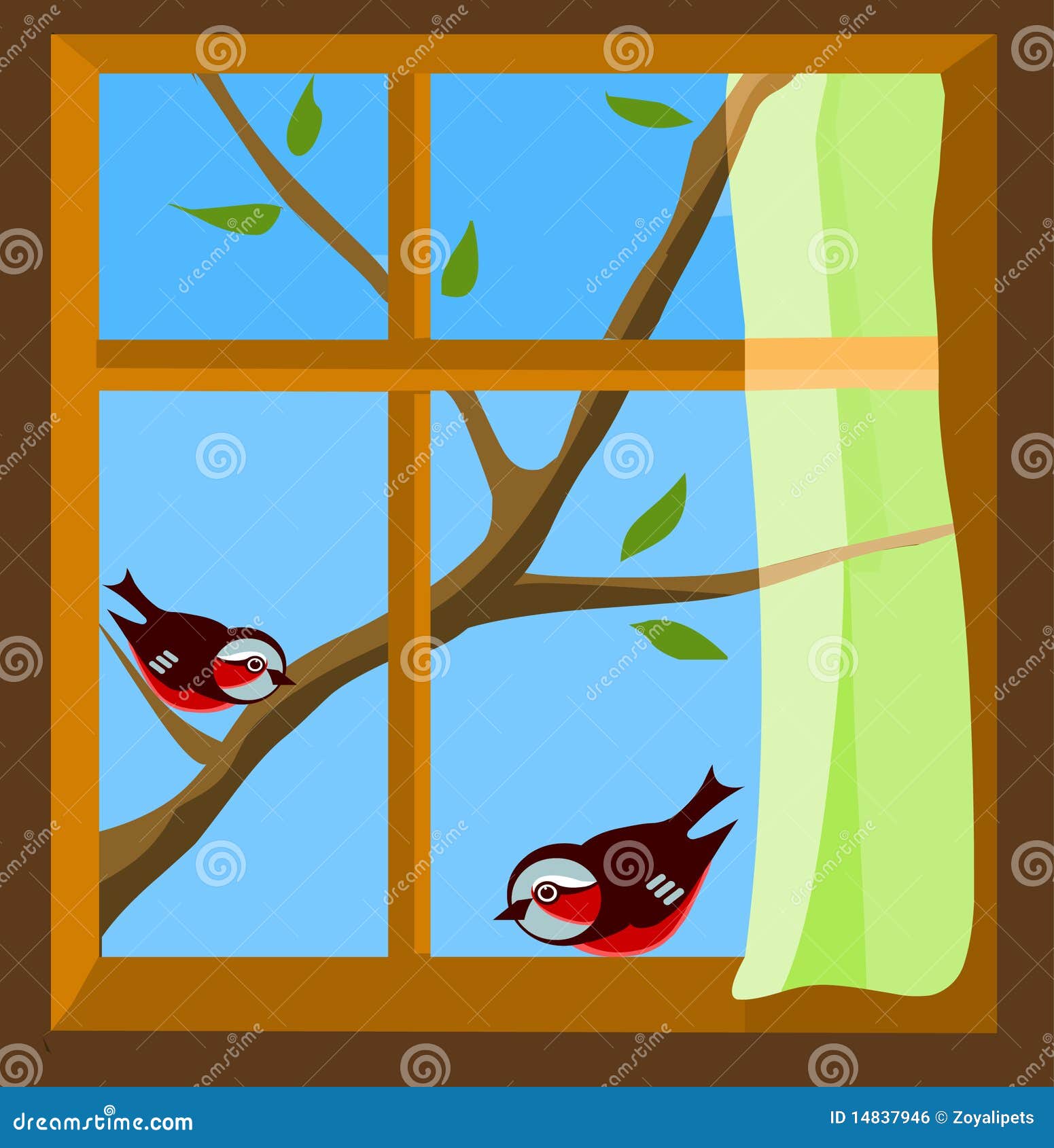 Window with a View To Two Birds on Spring Branch Stock Vector ...