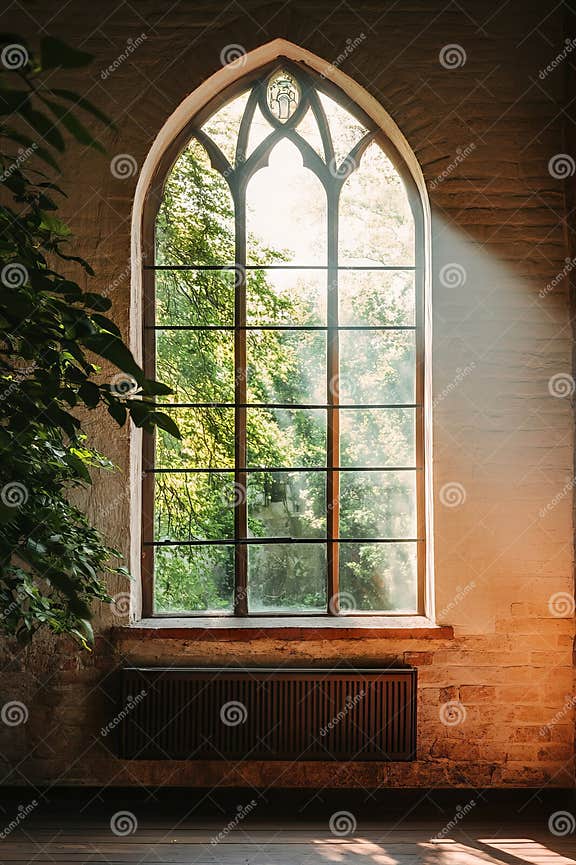 A Window with a View of Trees and a Brick Wall Stock Illustration ...