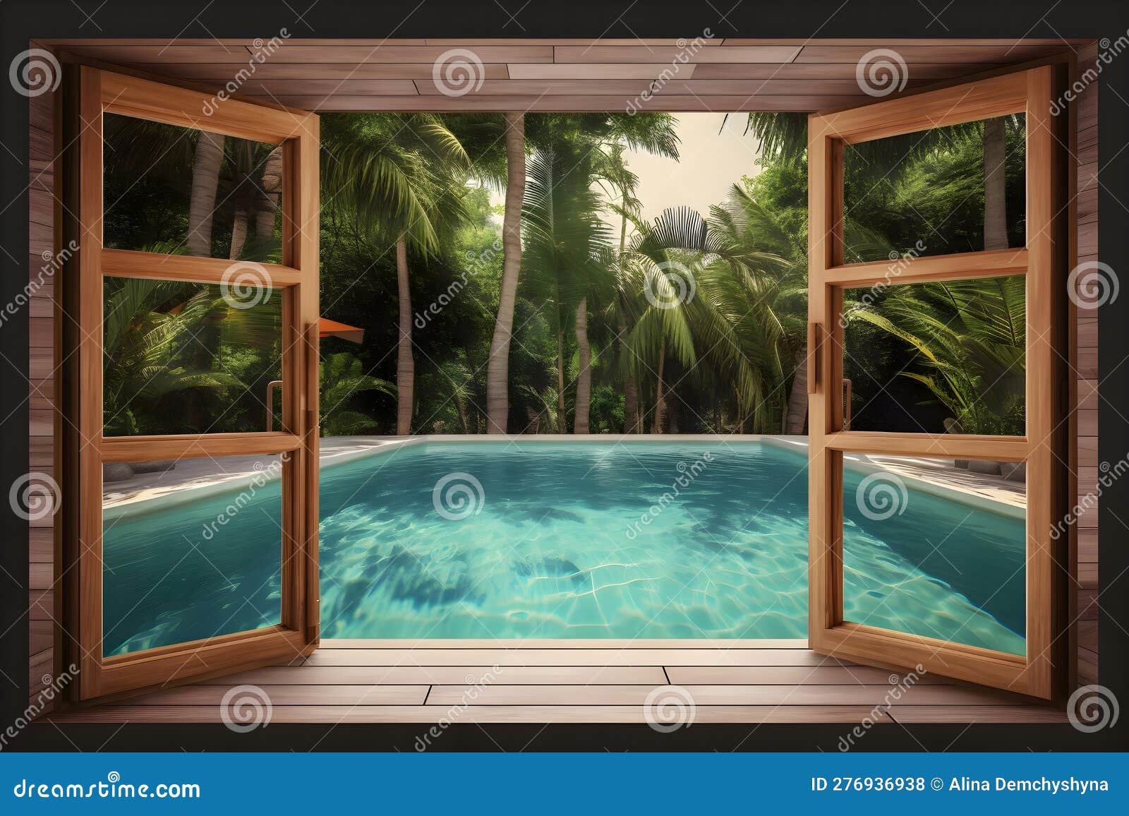 Window View of Tropical Garden with Swimming Pool, Generative AI 3 ...