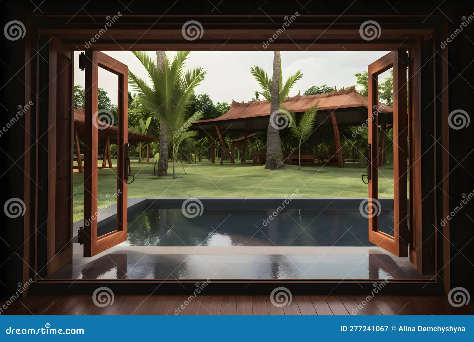 Window View of Tropical Garden with Swimming Pool, Generative AI Stock ...
