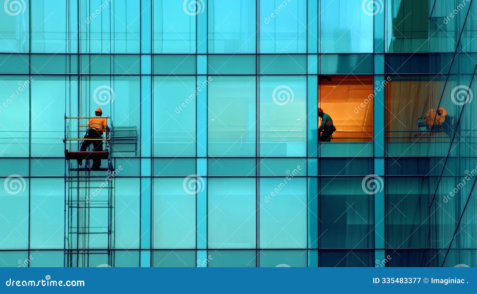 Window Washers on a Scaffolding Cleaning a Glass Building Stock ...