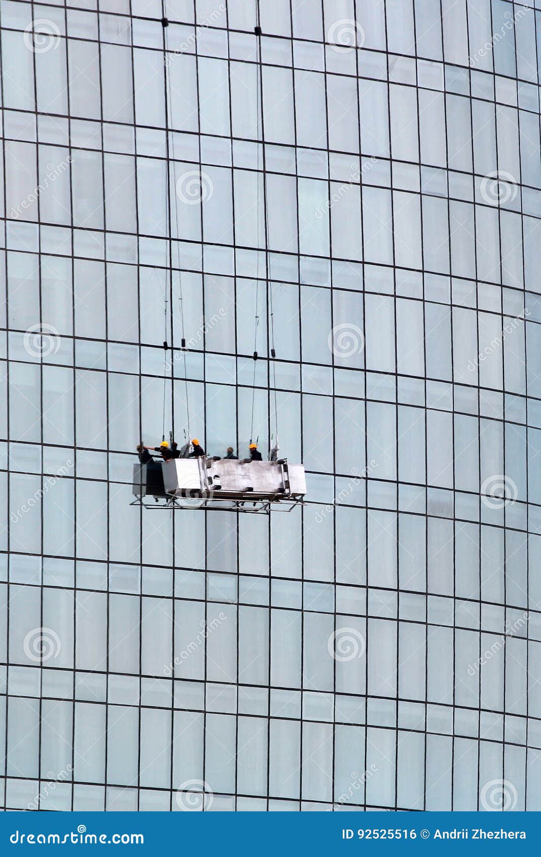 Window Washing Workers in the Platform Suspended on Glass Facade Stock ...