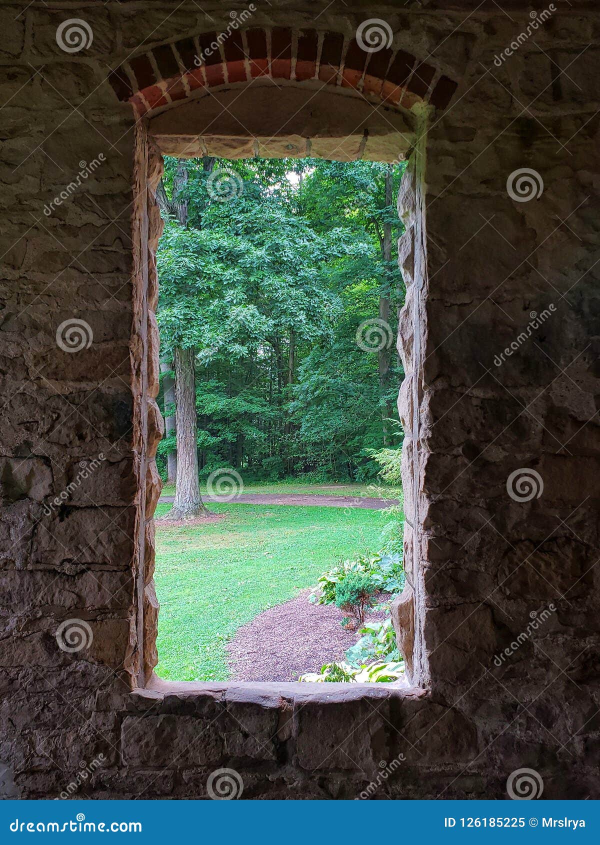 Window stock image. Image of green, brick, wood, trees - 126185225