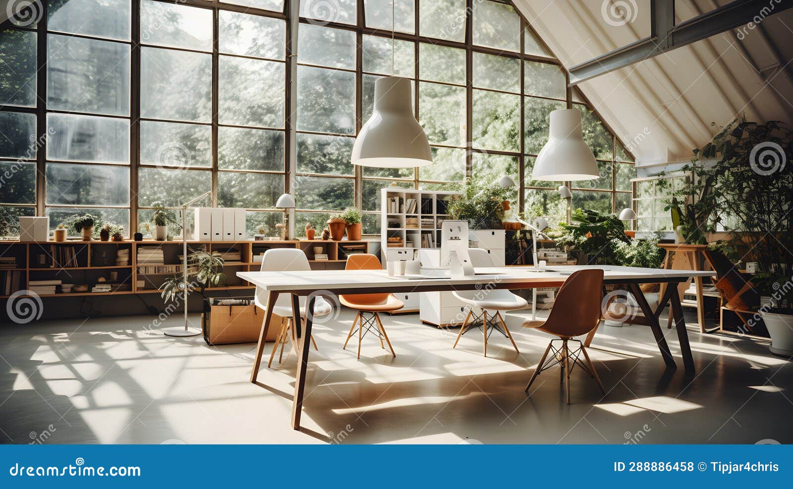 Windowed Industrial Harmony: Clean White Office Space in Spotlight ...