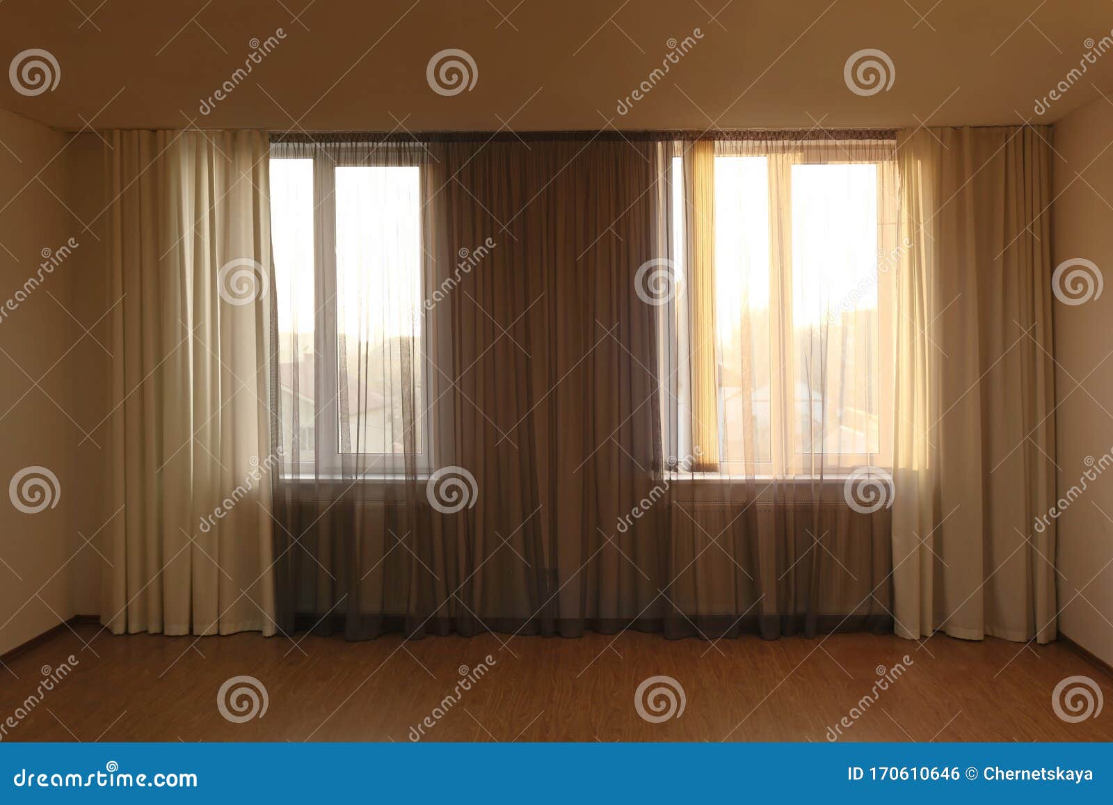 Windows with Beautiful Curtains in Empty Room Stock Photo - Image of ...