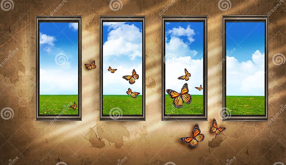 Windows and butterflies stock illustration. Illustration of scenic ...