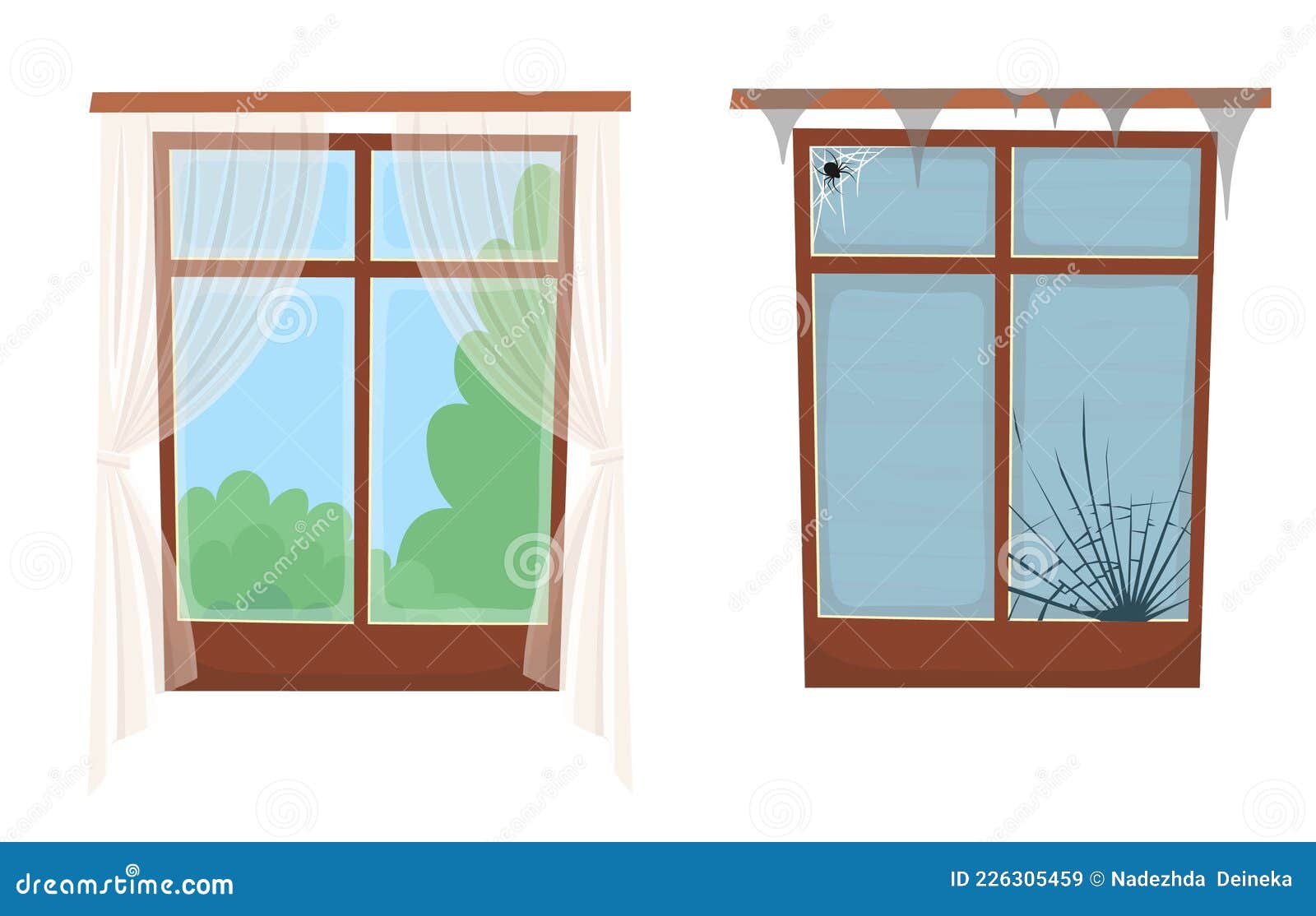 Cartoon Windows. Broken and Not Broken Windows Stock Illustration ...