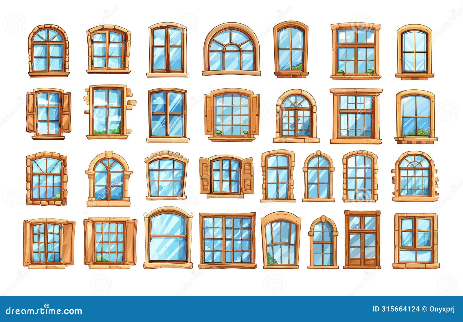 Windows Cartoon Vector Set. Glass View Composed Old Facade Closed ...
