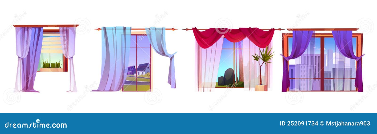 Windows with Curtains and Different Views Outside Stock Vector ...