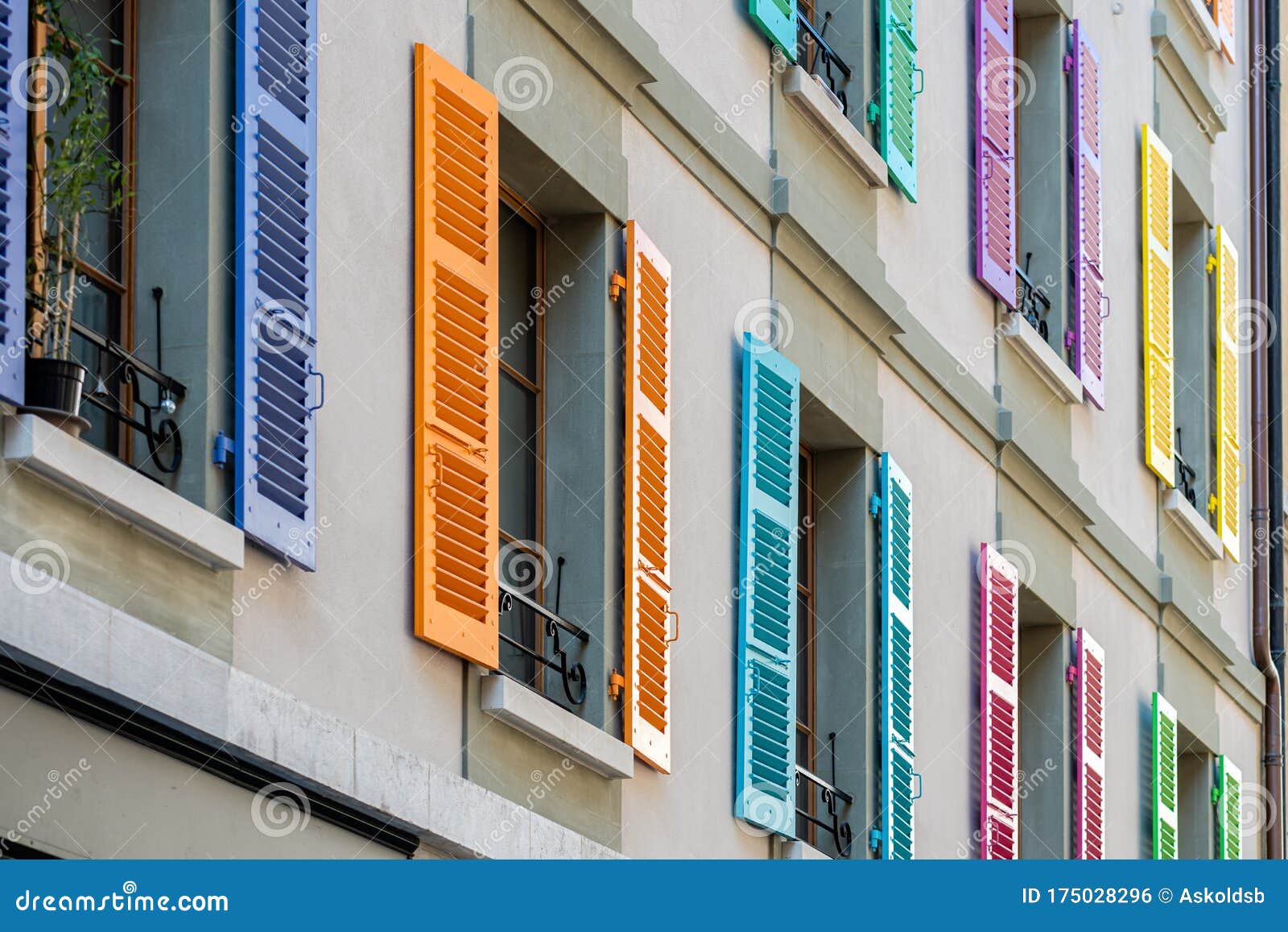 Windows with Different Color Shutters. Geneva, Switzerland Stock Photo ...