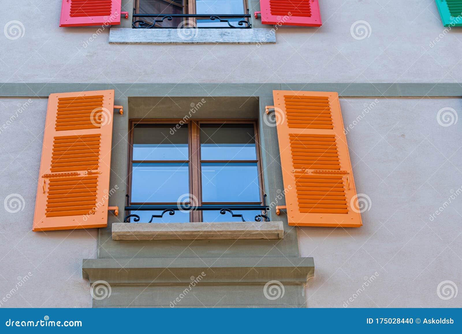 Windows with Different Color Shutters. Geneva, Switzerland Stock Photo ...